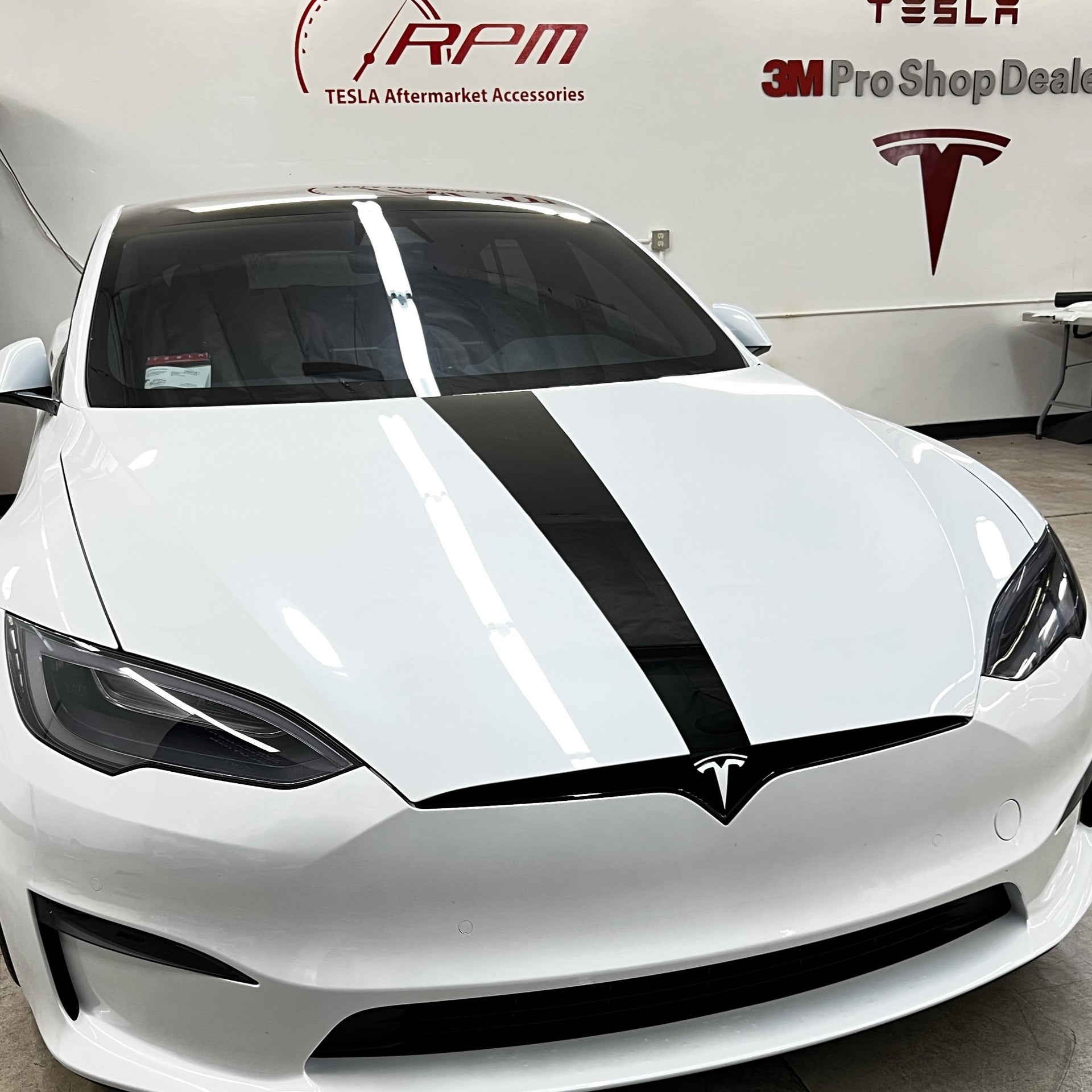 Model S Hood Racing Stripe Made from Xpel Ultimate Plus Black PPF – RPM ...