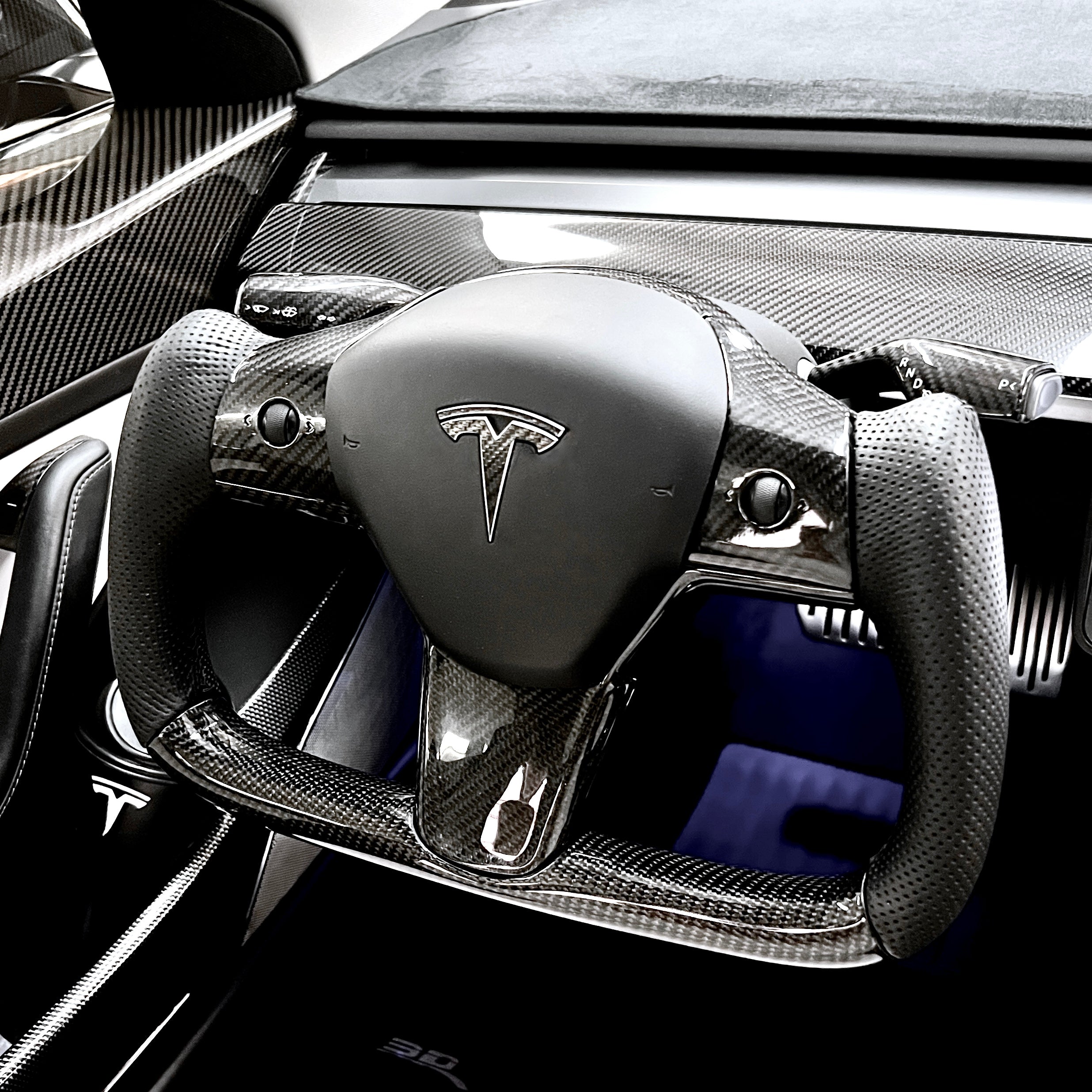 Model 3 & Y Yoke Style Steering Wheel - Carbon Fiber & Black Leather H ...