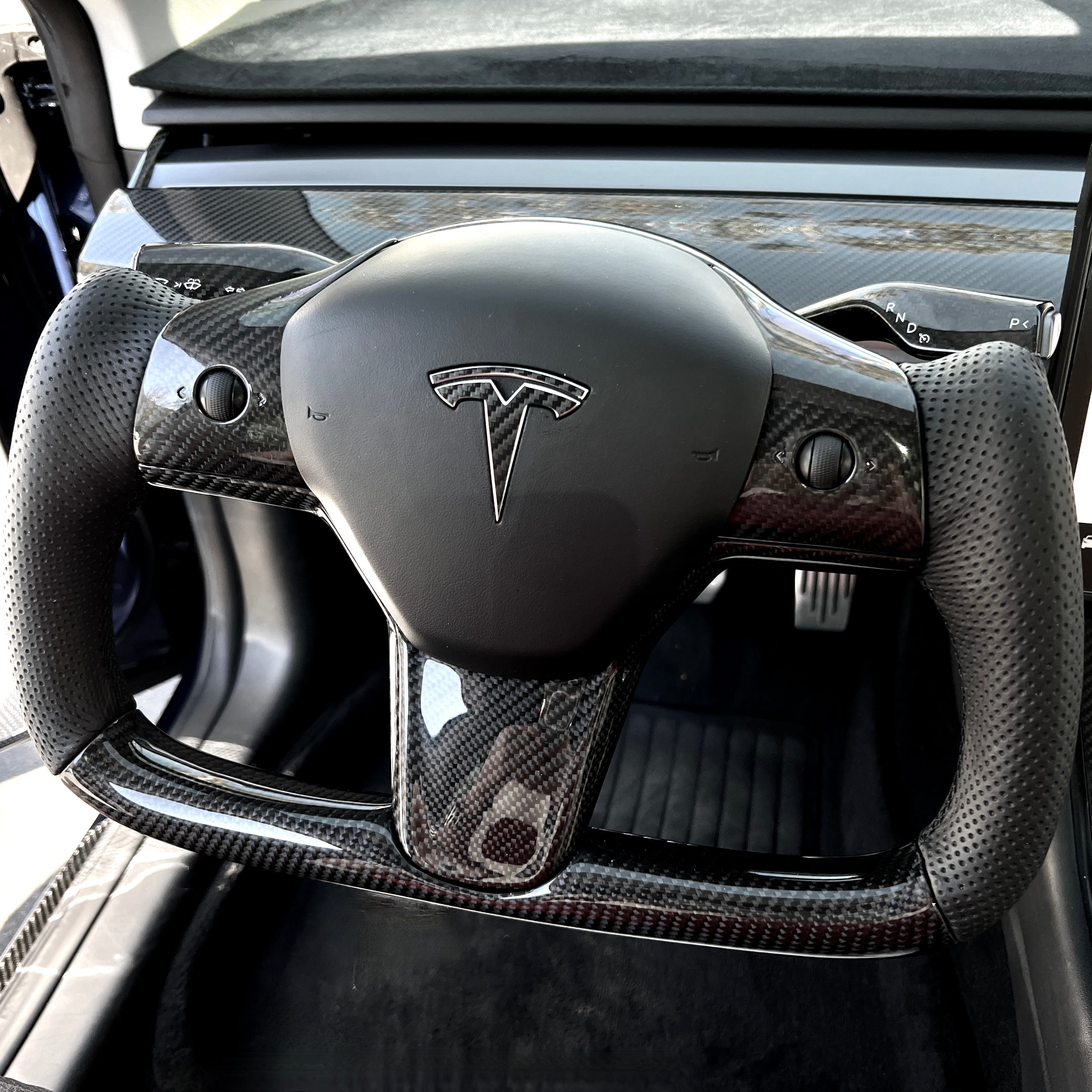 Model 3 & Y Yoke Style Steering Wheel - Carbon Fiber & Black Leather H ...
