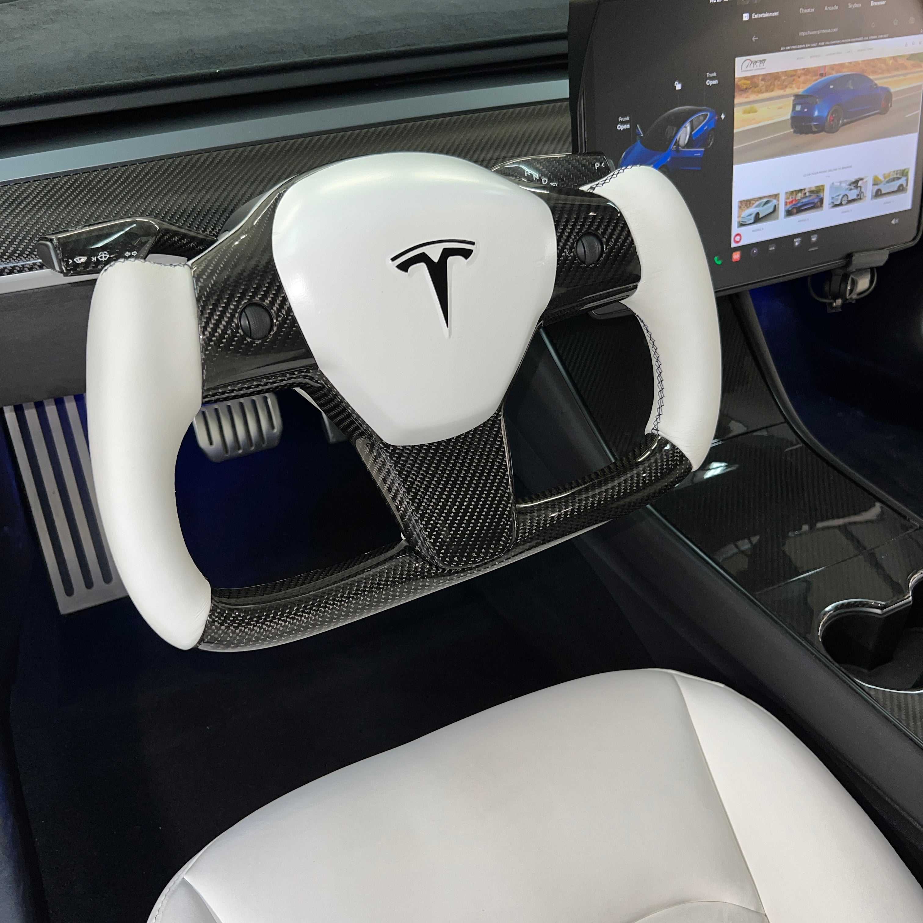 Model 3 & Y Yoke Style Steering Wheel - Carbon Fiber & White Leather H ...
